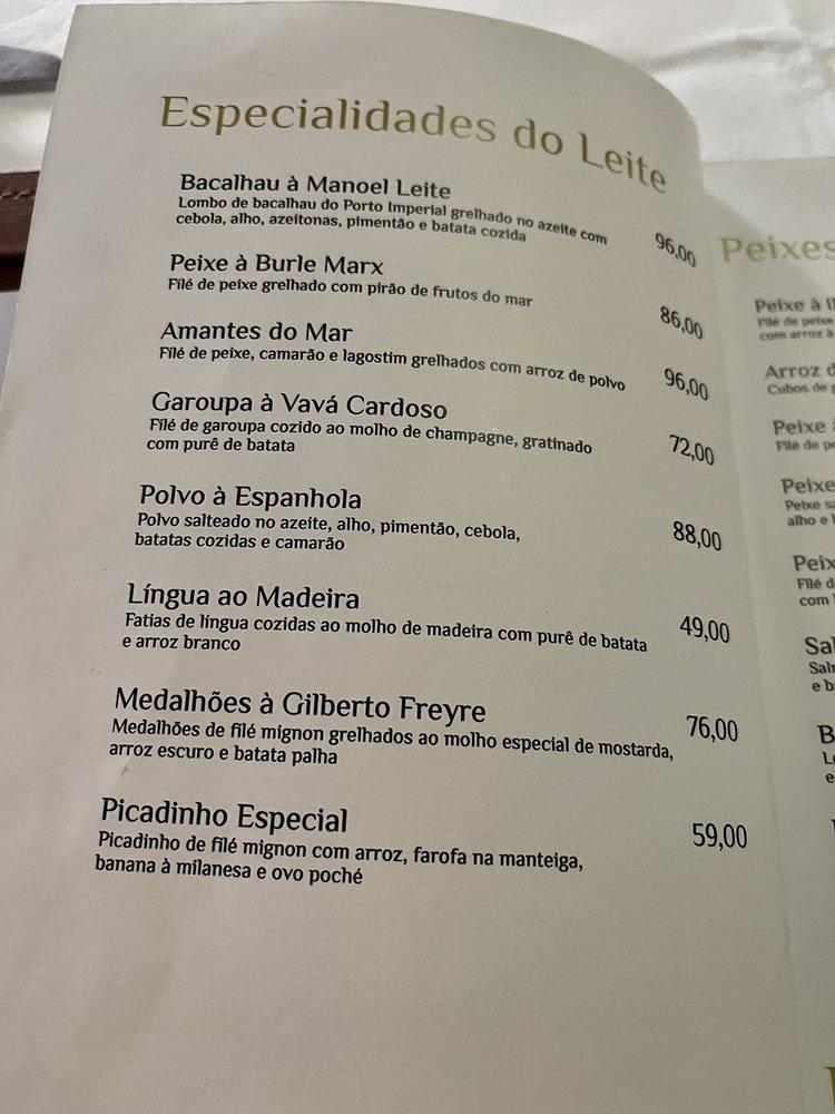 Menu em Restaurante Leite, Recife