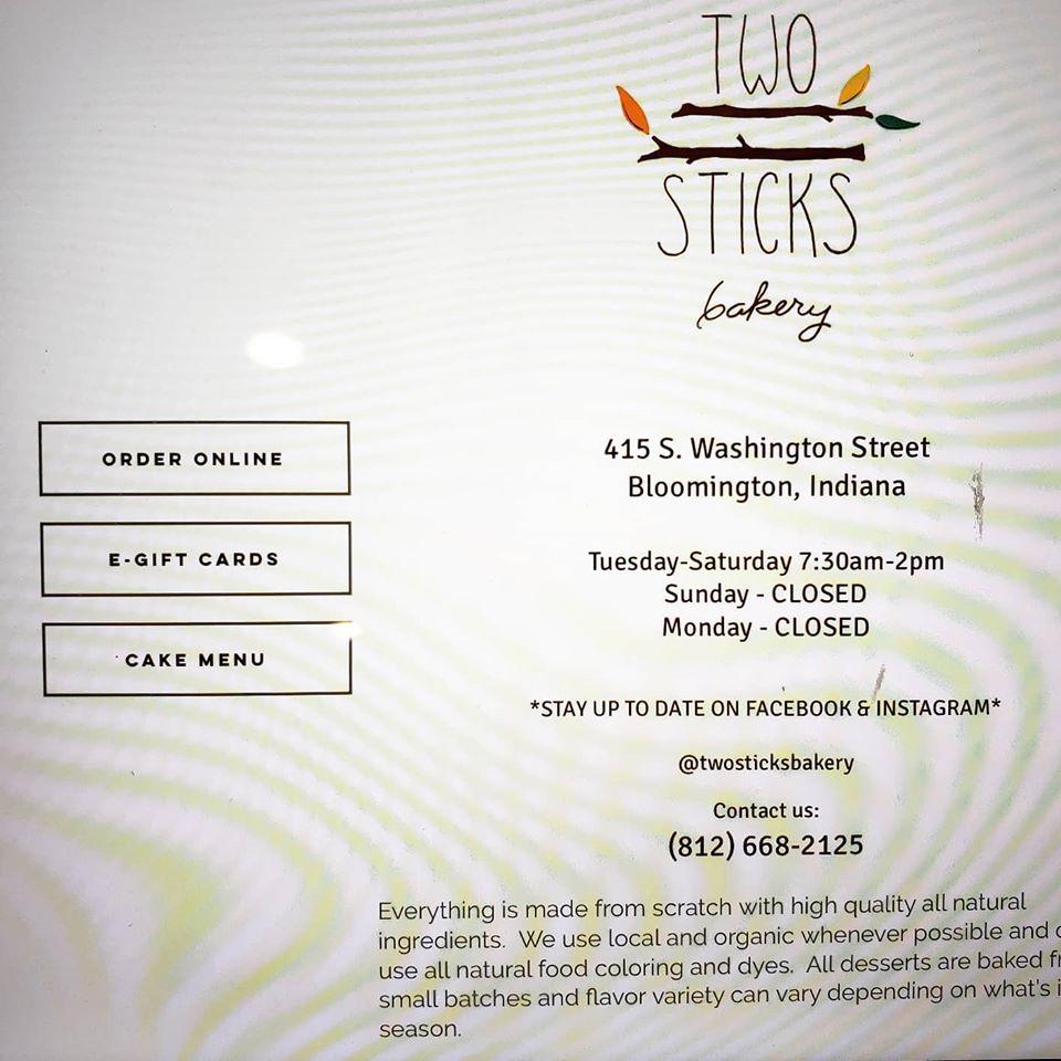 Menu at Two Sticks Bakery, Bloomington