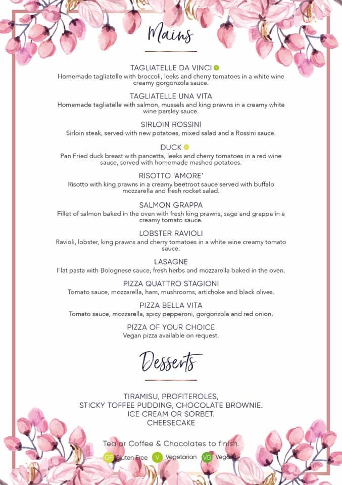 Menu at Una Vita restaurant, Chepstow