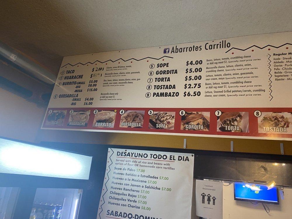 Menu at Abarrotes Carrillo, Davenport