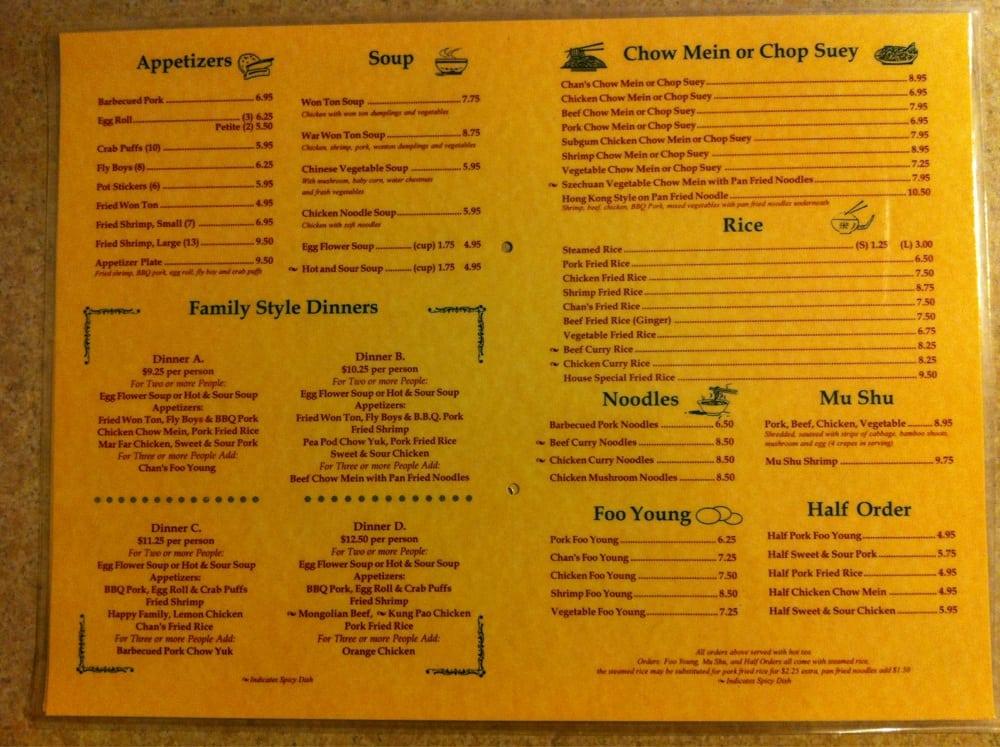 Menu at Chan's Restaurant, Brookings