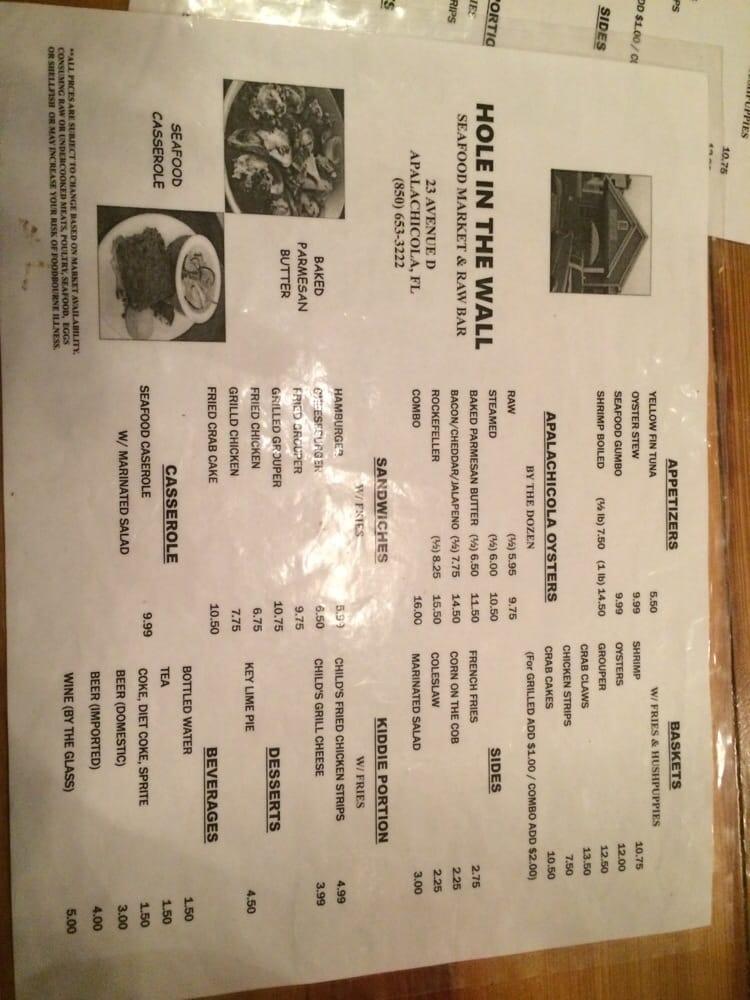 Menu at Hole In The Wall Seafood And Raw Bar, Apalachicola