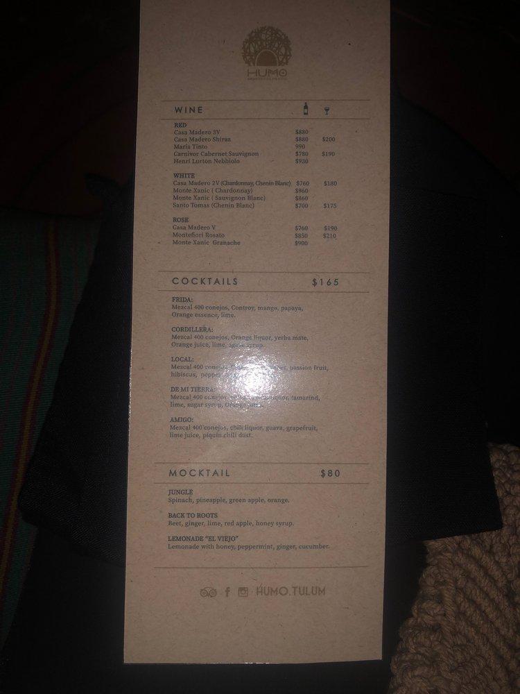 Menu at Humo restaurant, Tulum
