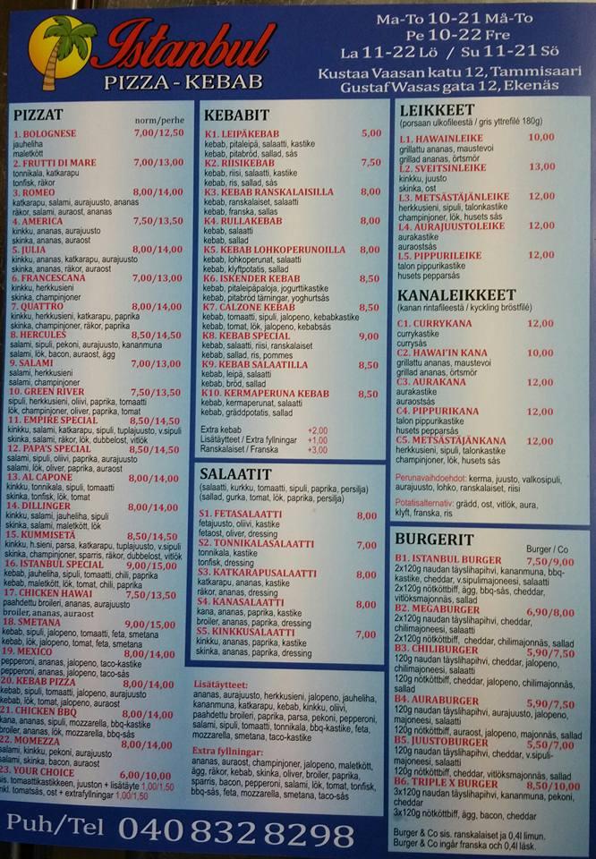 Menu at Istanbul pizza kebab restaurant, Ekenäs, Kustaa Vaasankatu 12