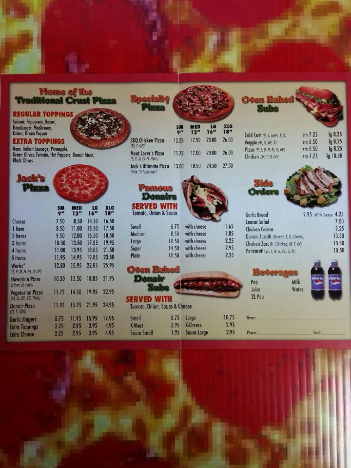 Menu at Jack's Pizza restaurant, Bouctouche