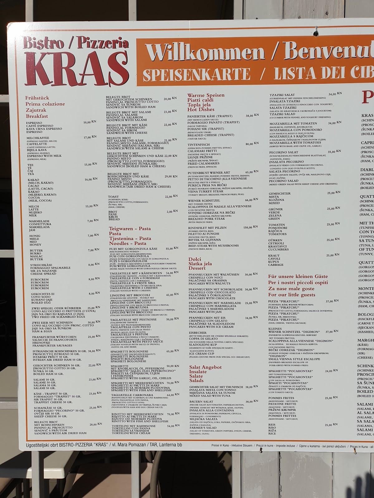 Menu at Pizzeria – Bistro Kras, Tar