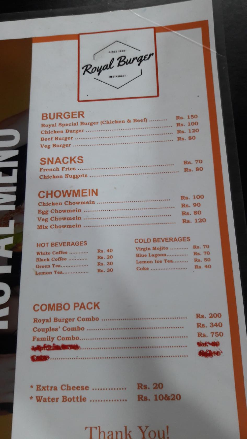 Menu at Royal Burger, Imphal