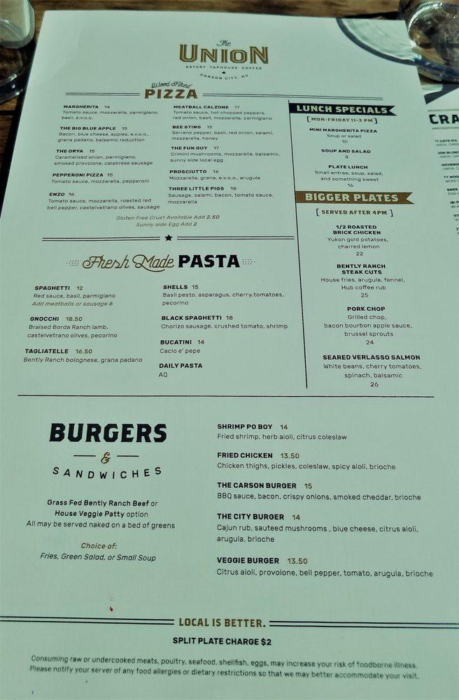 Menu at The Union pizzeria, Carson City