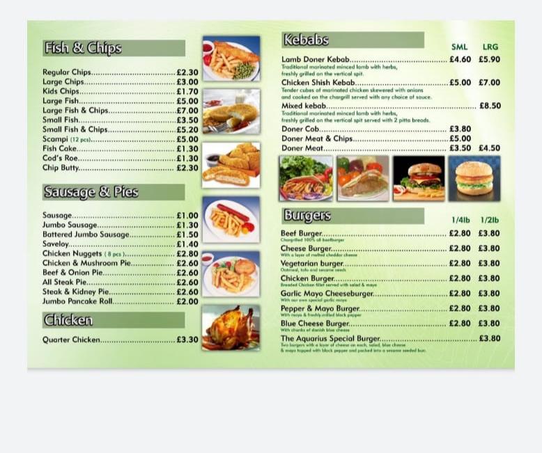 Menu at Aquarius Fish Bar, Leicester