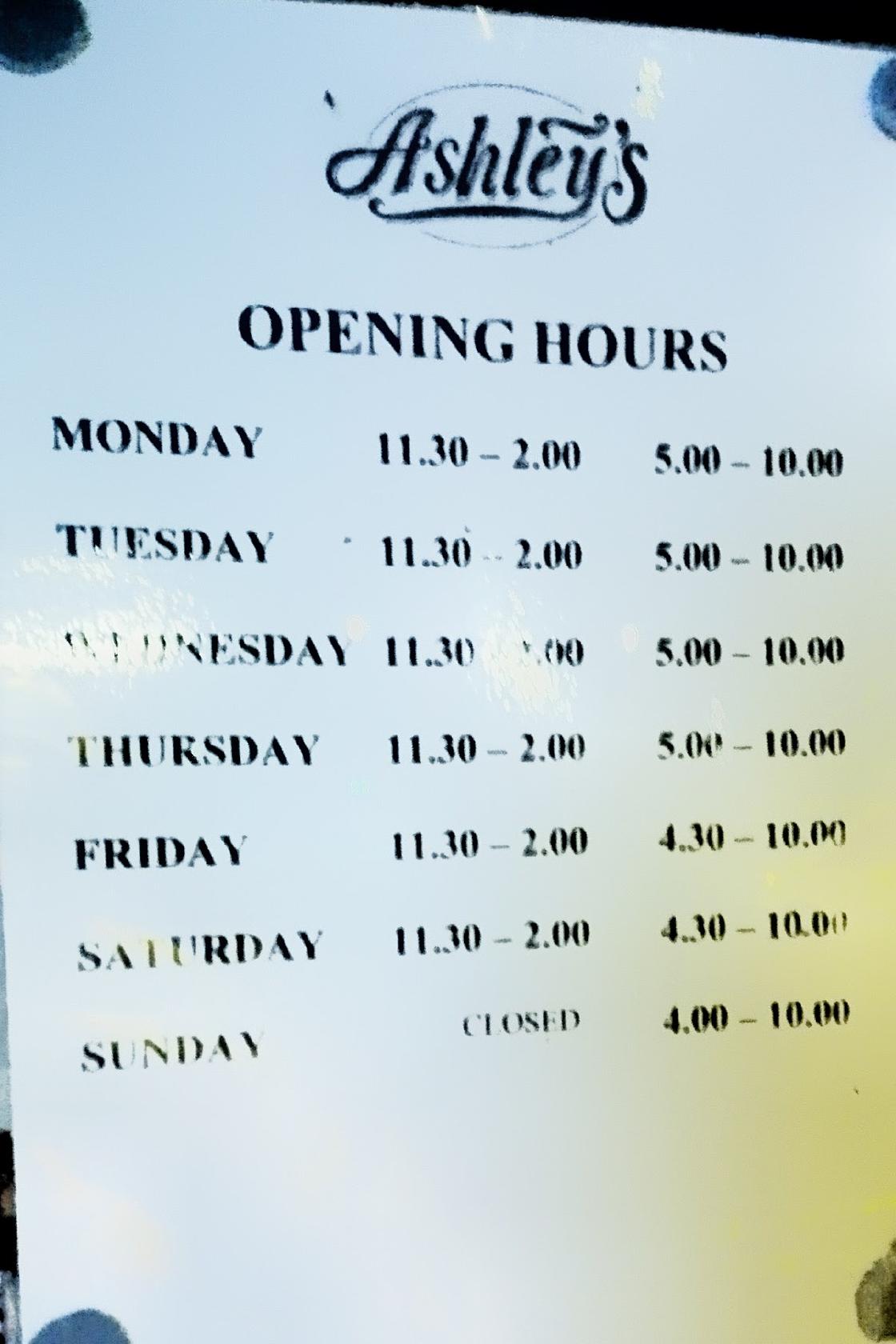 Menu at Ashley's fast food, New Milton