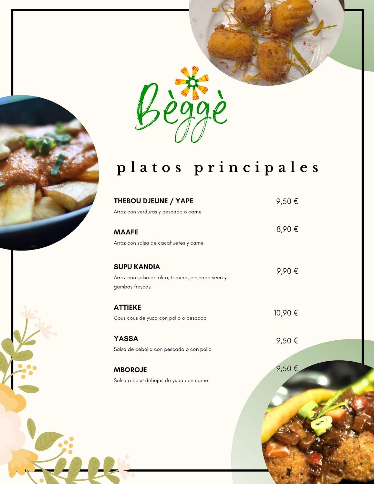 Menu at Bèggè África restaurant, Barcelona