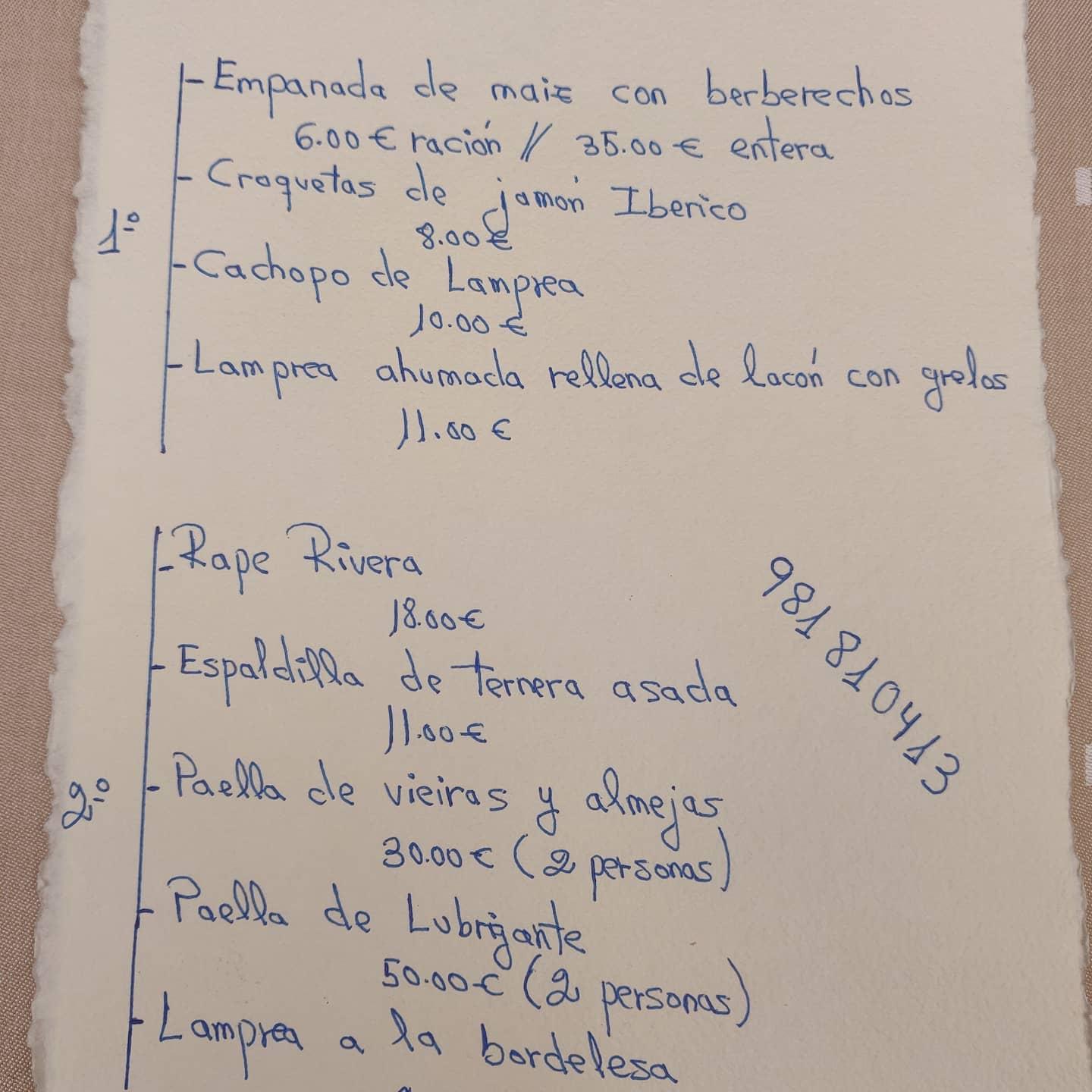 Carta del restaurante Chef Rivera, Padrón