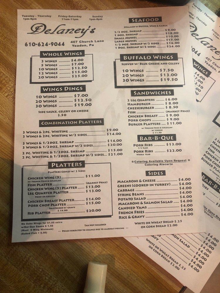 Menu at Delaney's Soul Food restaurant, Yeadon