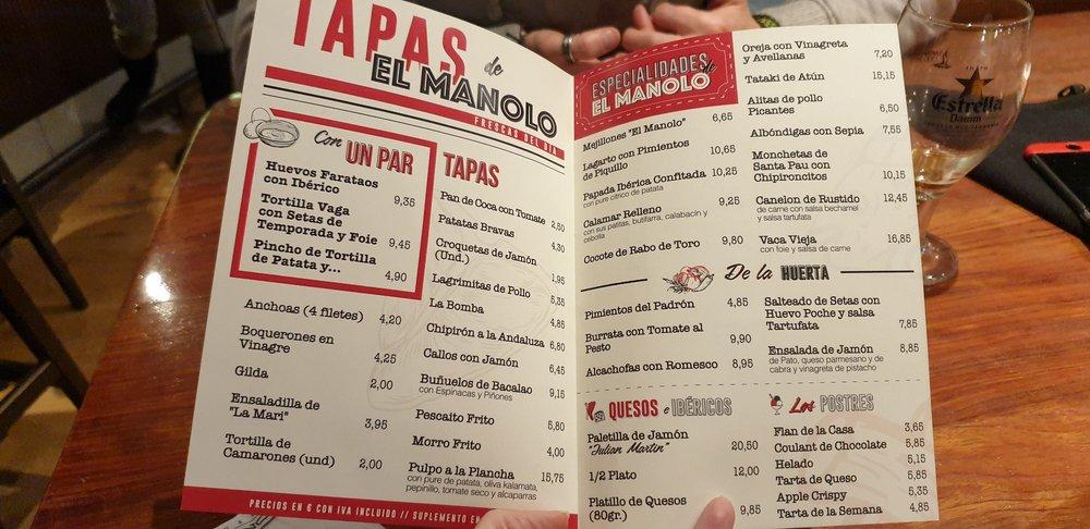 Menu at El Manolo pub & bar, Barcelona