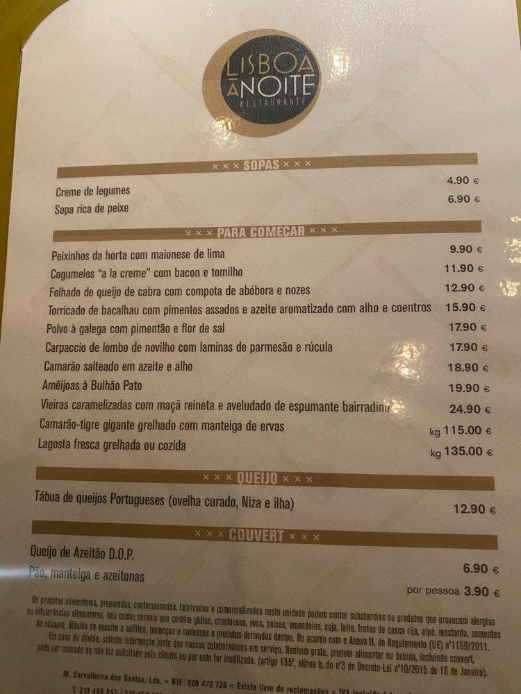 Menu at Lisboa à Noite pub & bar, Lisbon