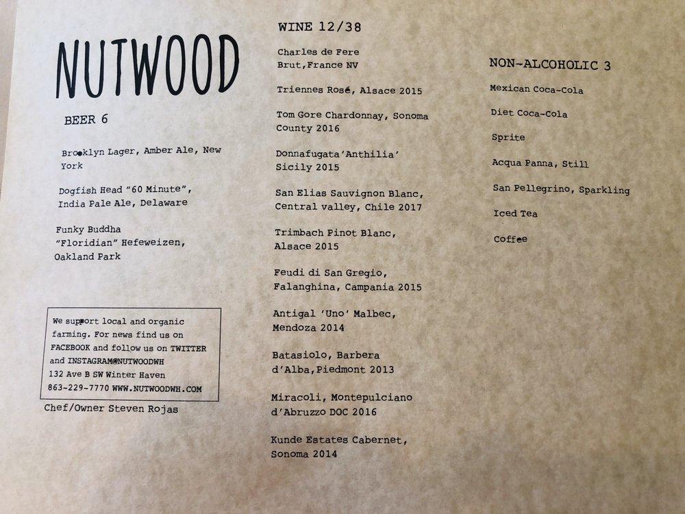 Menu at Nutwood restaurant, Winter Haven