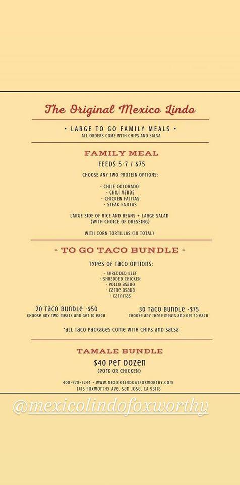 Menu at The Original Mexico Lindo Restaurant, San Jose, Foxworthy Ave