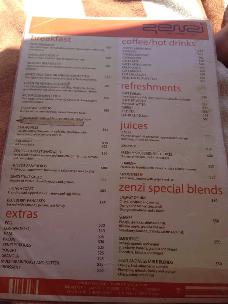 Menu at Zenzi pub & bar, Playa del Carmen