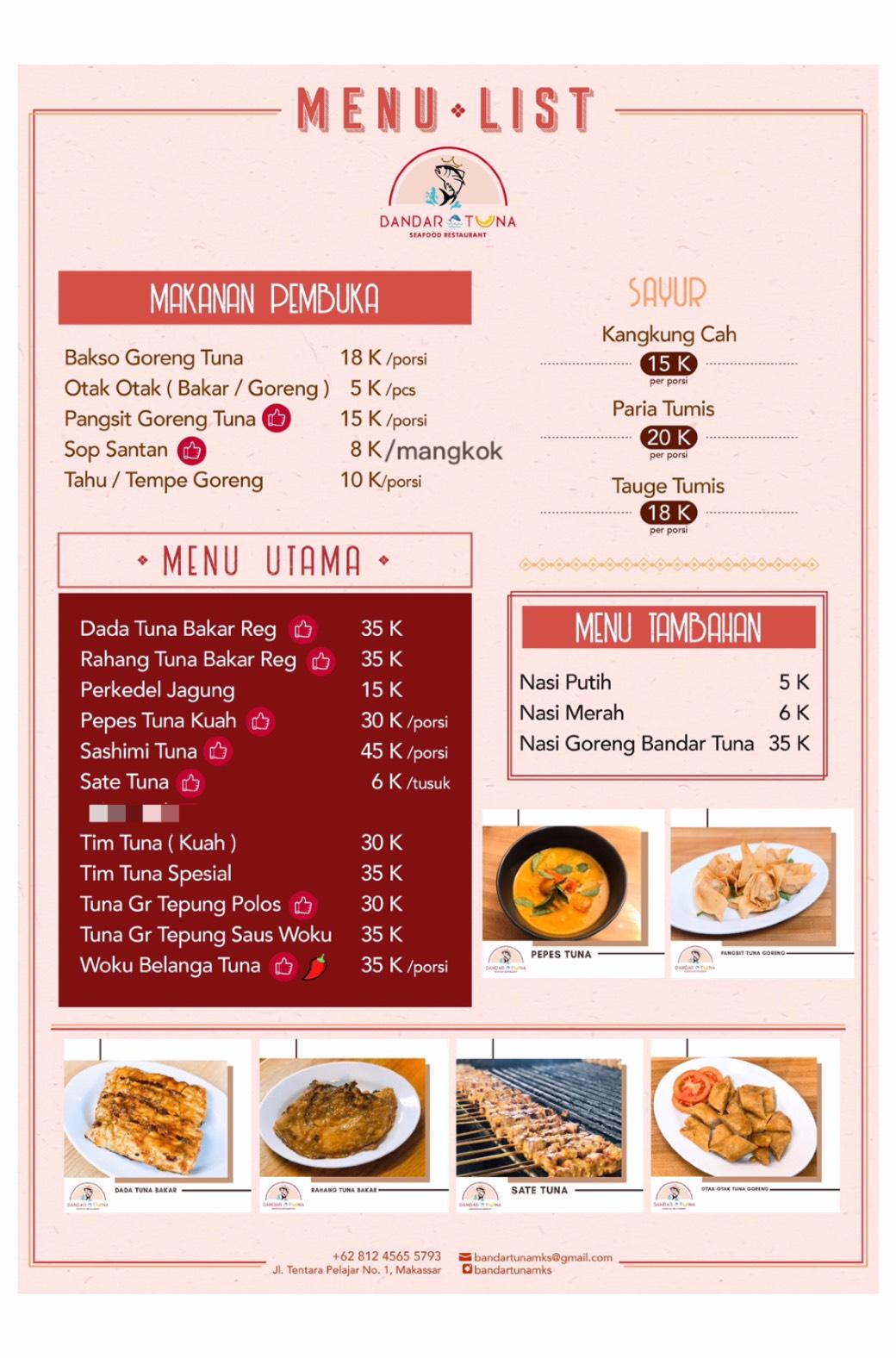 Carta del restaurante Bandar Tuna Tentara Pelajar, Macasar