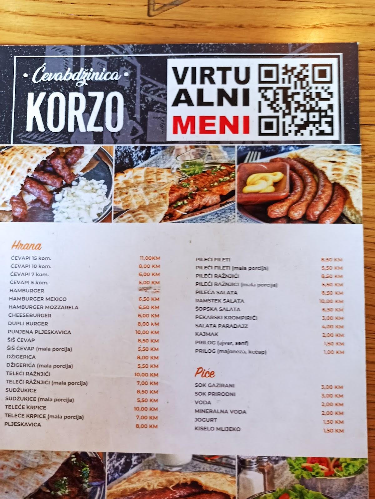 Menu at Ćevabdžinica KORZO restaurant, Mostar