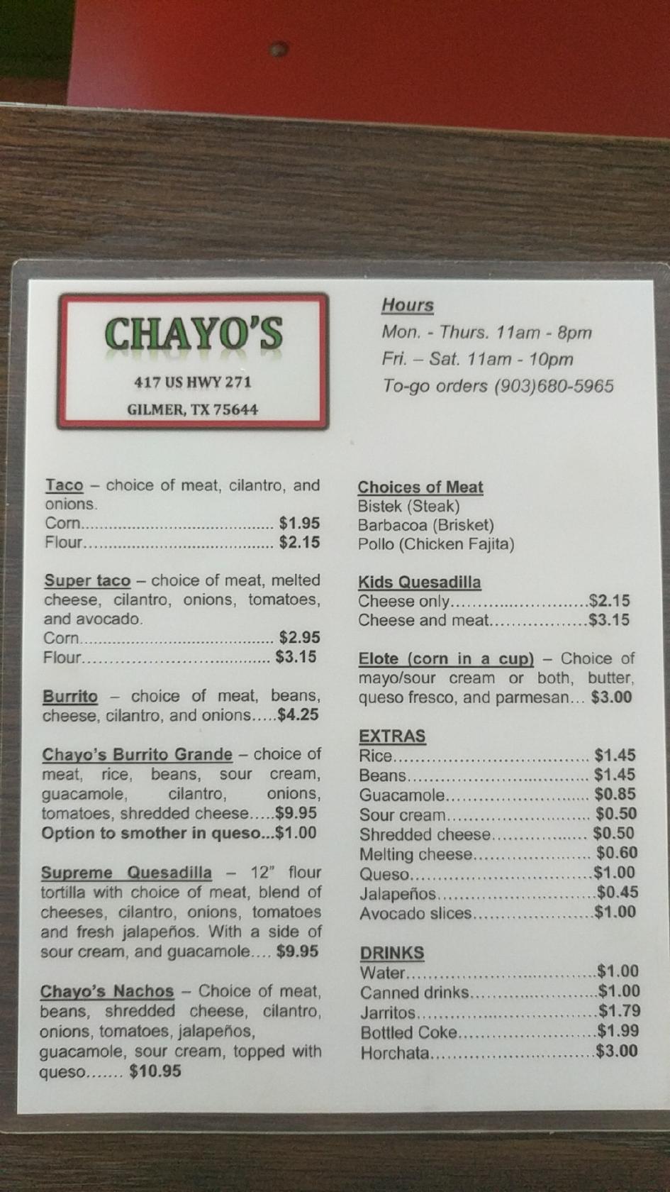 Menu at Chayo's restaurant, Gilmer