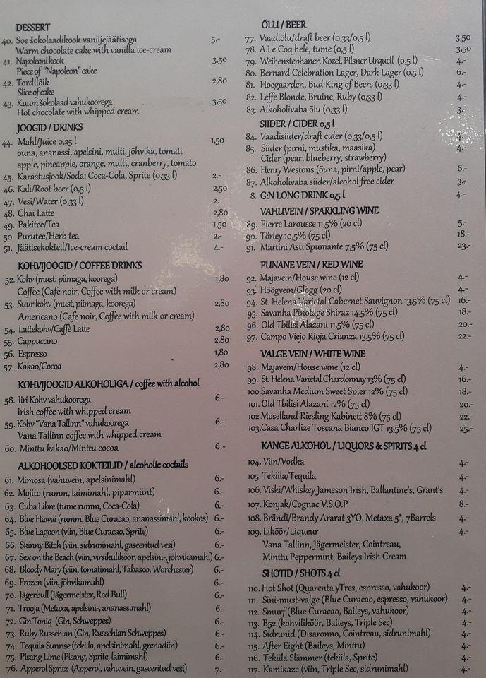 Menu at Kohvik Armastus restaurant, Tartu