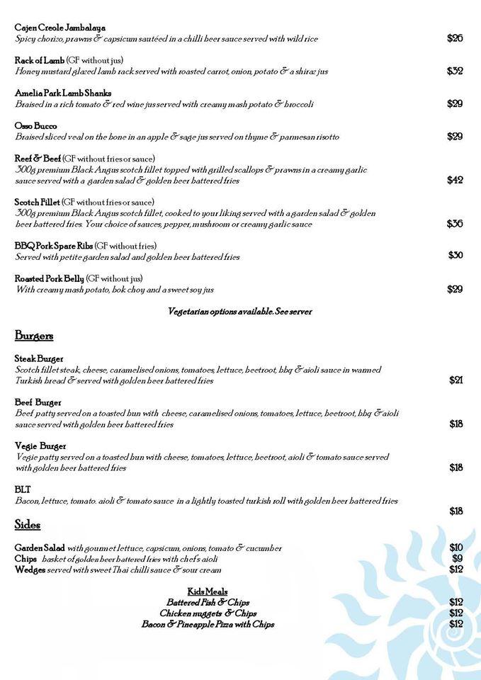 Menu at The Dunes restaurant, Lancelin, 1 North St