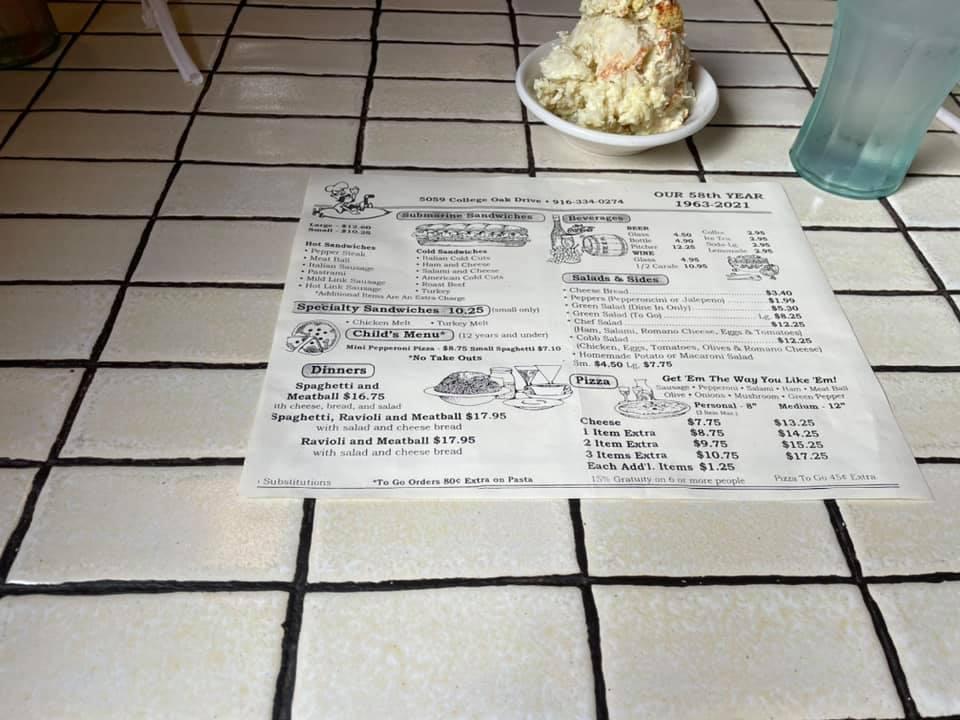 Menu at Tony Baloney's restaurant, Sacramento