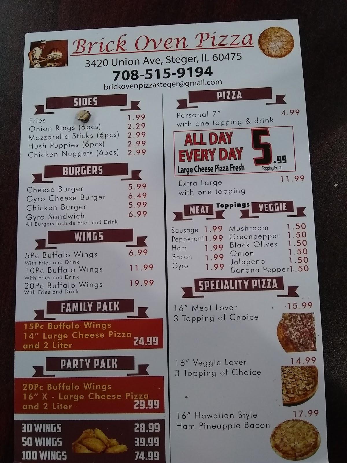 Menu at BRICK OVEN PIZZA pizzeria, Steger