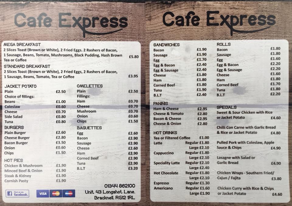 Menu at Cafe Express, Bracknell