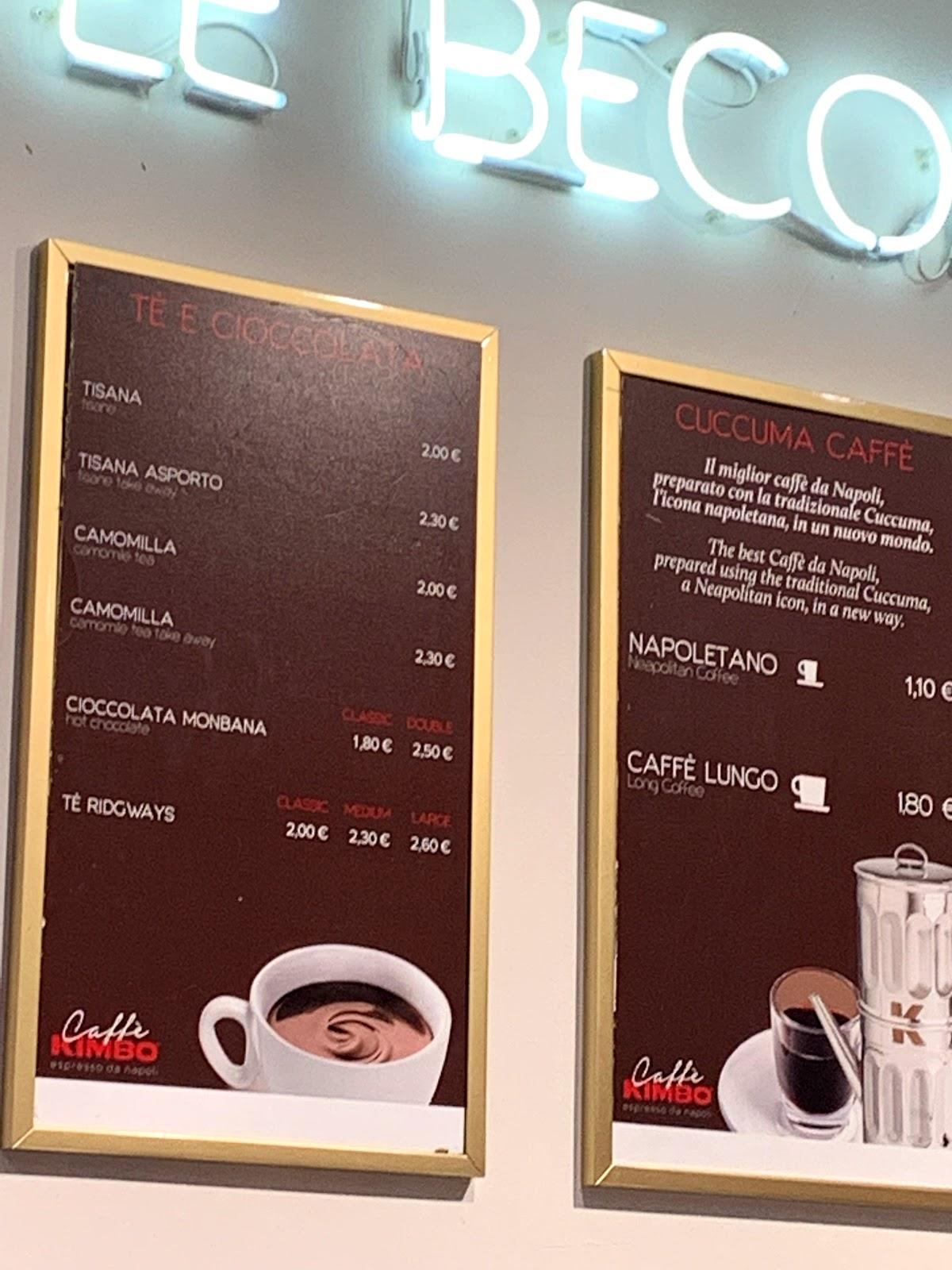 Speisekarte von Caffè Kimbo cafe, Fiumicino, Via Leonardo da Vinci
