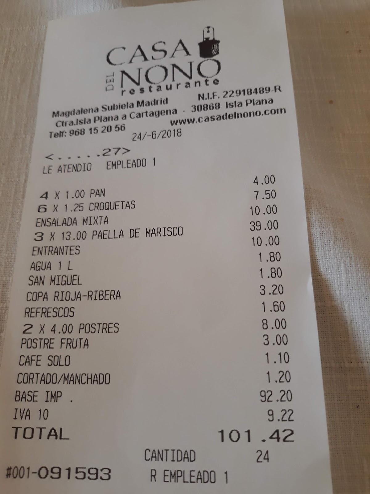 Carta de Restaurante Casa Del Nono, Isla Plana, Pasaje los Agueras