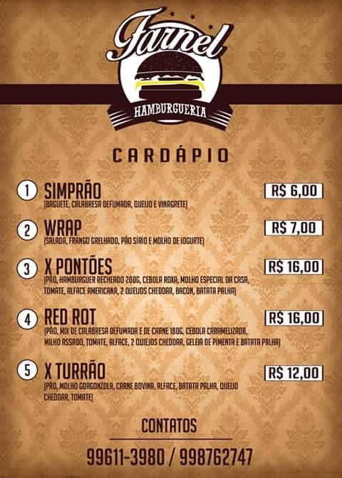 Menu at Farnel Hamburgueria restaurant, Afonso Cláudio
