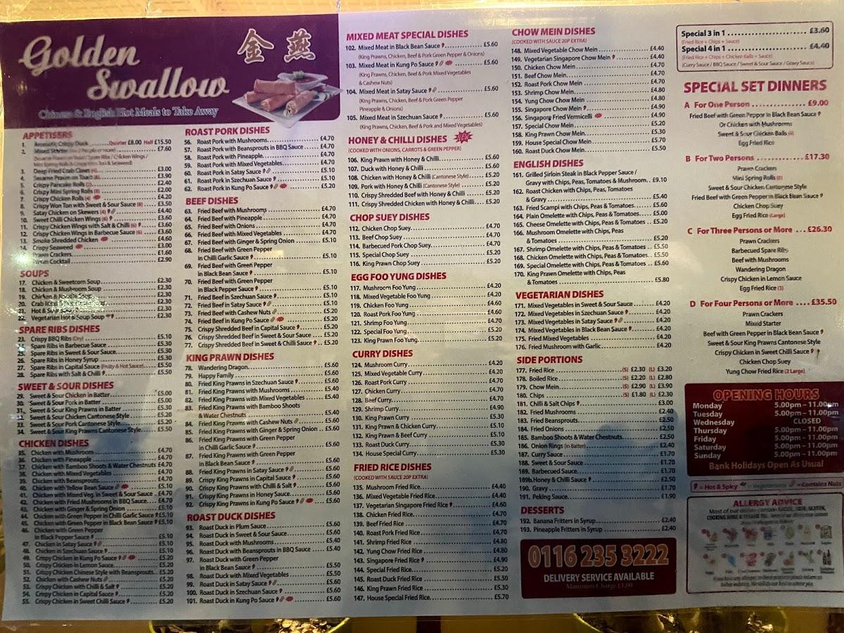 Carta del restaurante Golden Swallow, Leicester