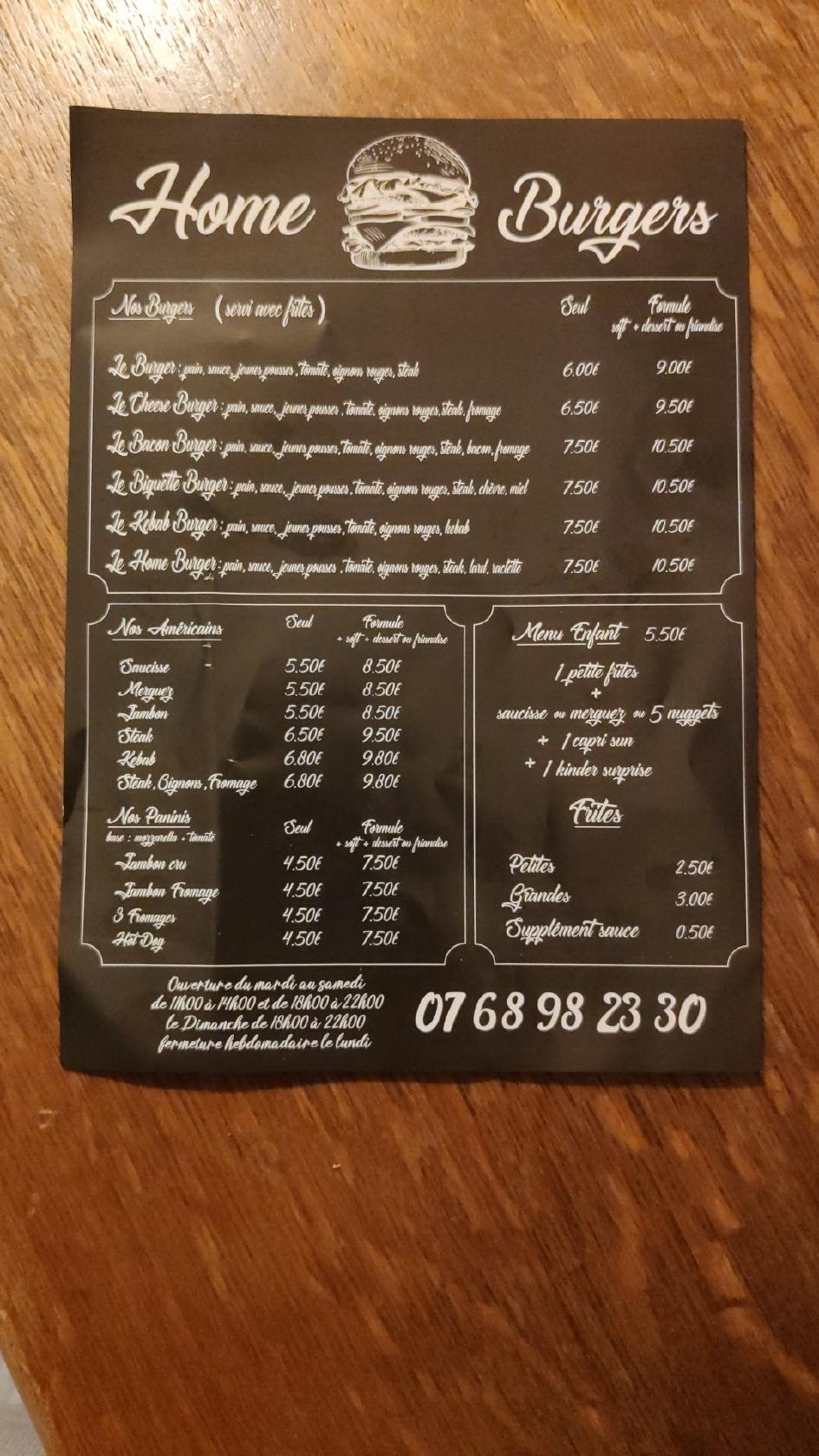 Menu au Home Burgers restaurant, Étaples