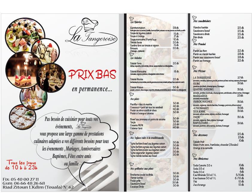 Menu at La tangeroise restaurant, Morocco