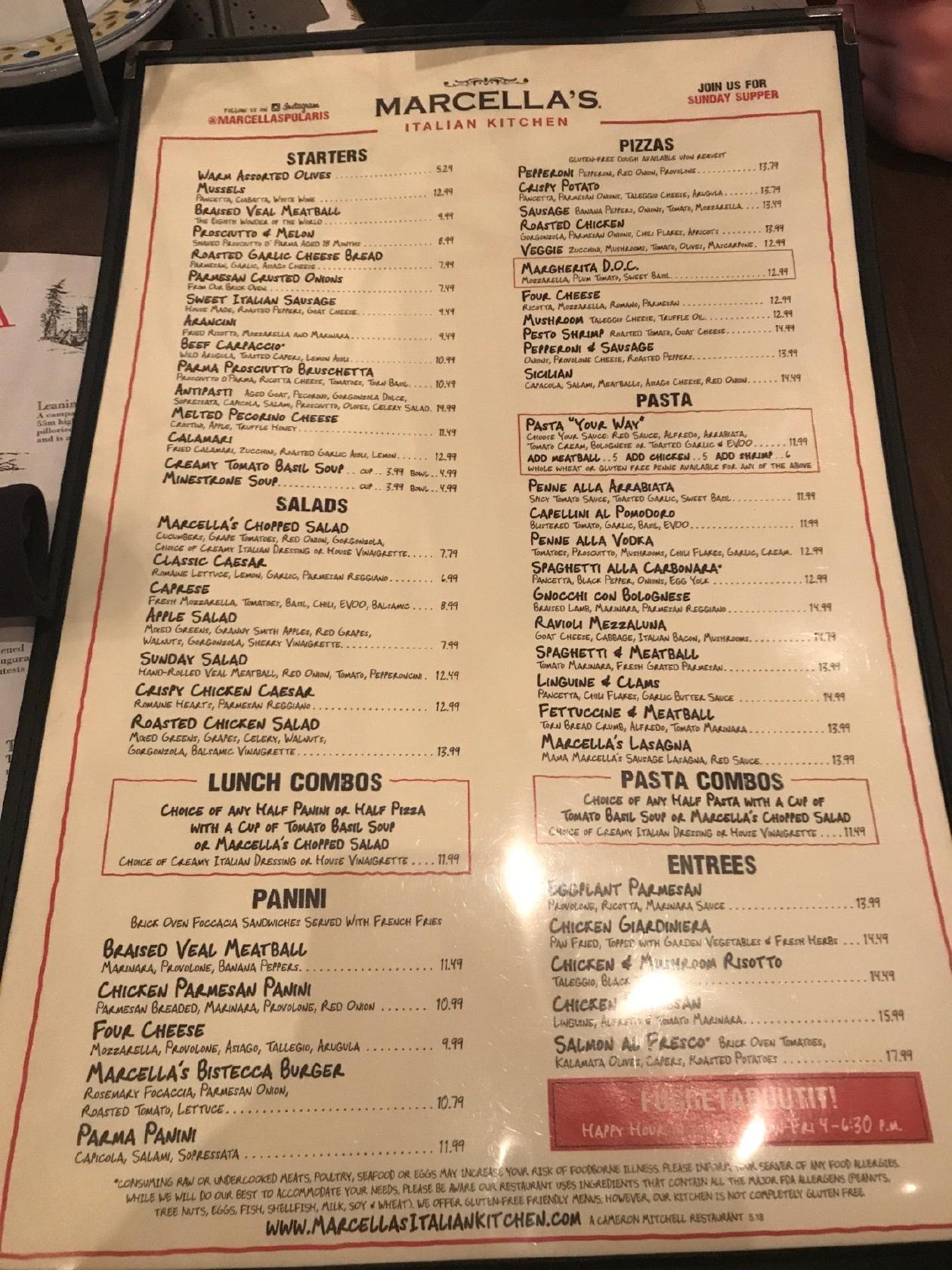 Menu at Marcella's pub & bar, Columbus, Polaris Pkwy