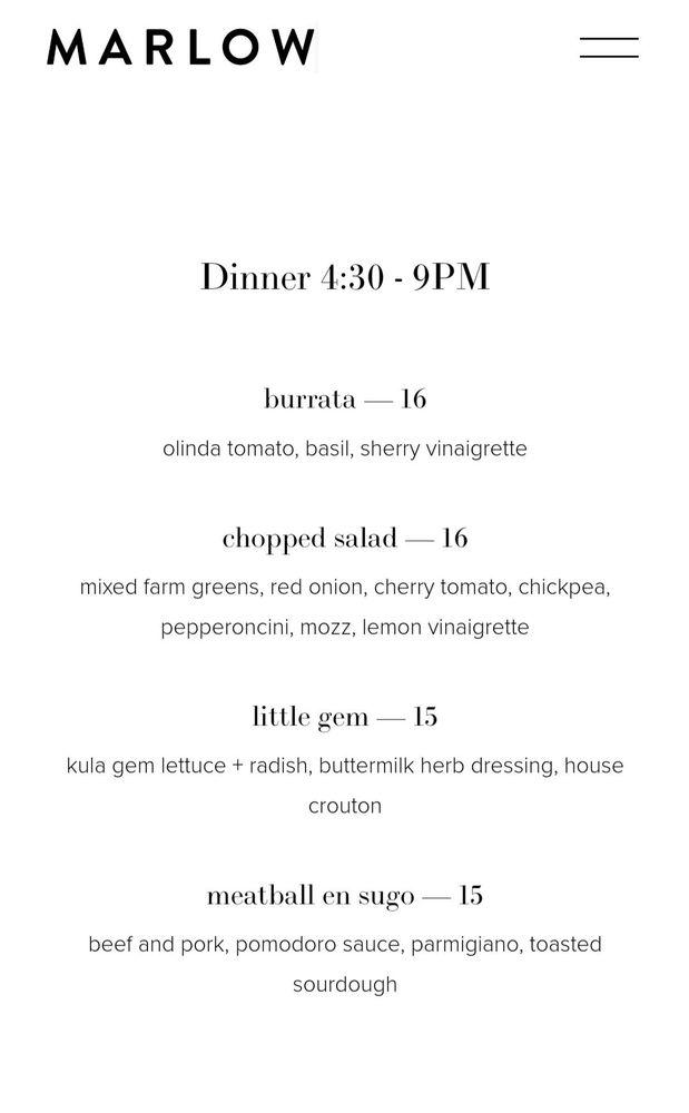 Menu at Marlow pizzeria, Makawao