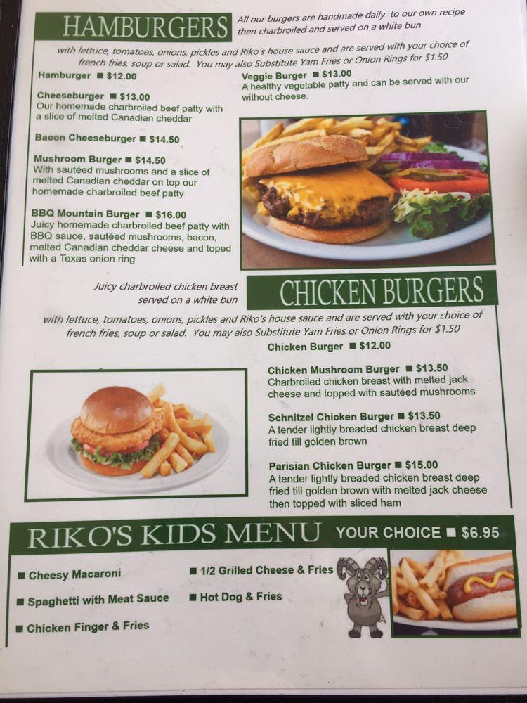 Menu at Riko's Radium Family Restaurant, Radium Hot Springs