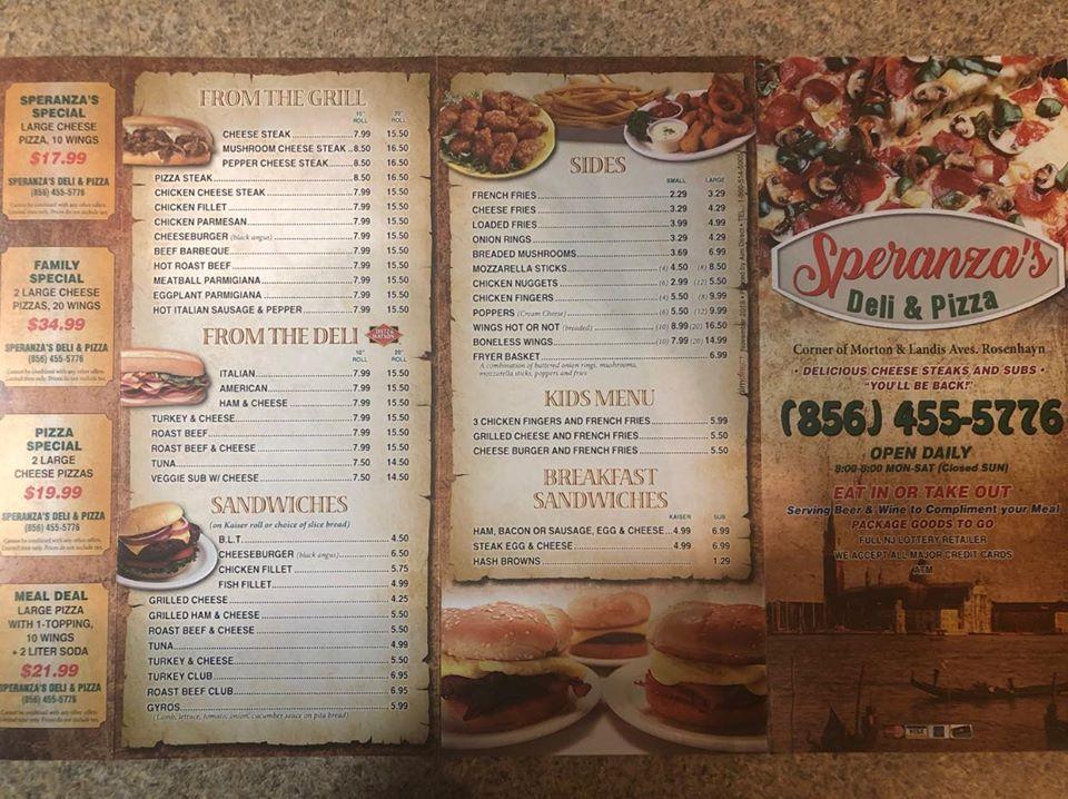Menu at Speranza's Deli & Pizza pizzeria, Fairfield Township