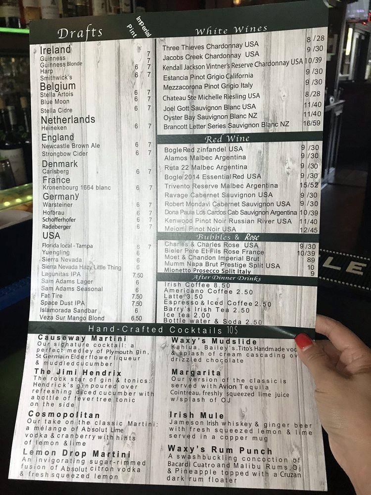 Menu at Waxy's Irish Pub, Fort Lauderdale