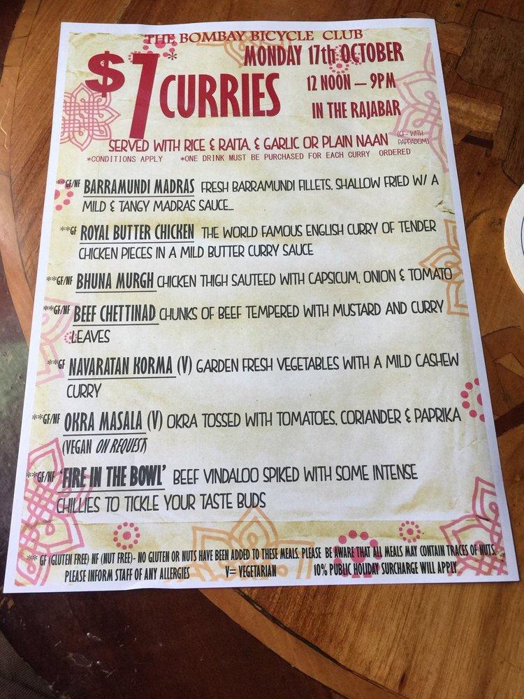 Menu at Bombay Bicycle Club, Ovingham, 29 Torrens Rd