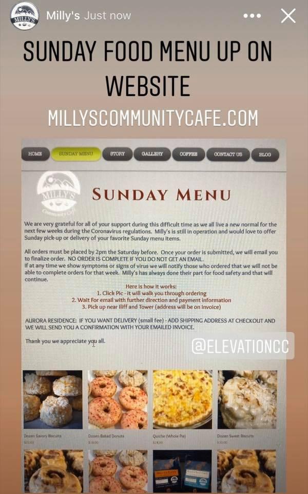 Menu at Milly’s Community Cafe, Aurora