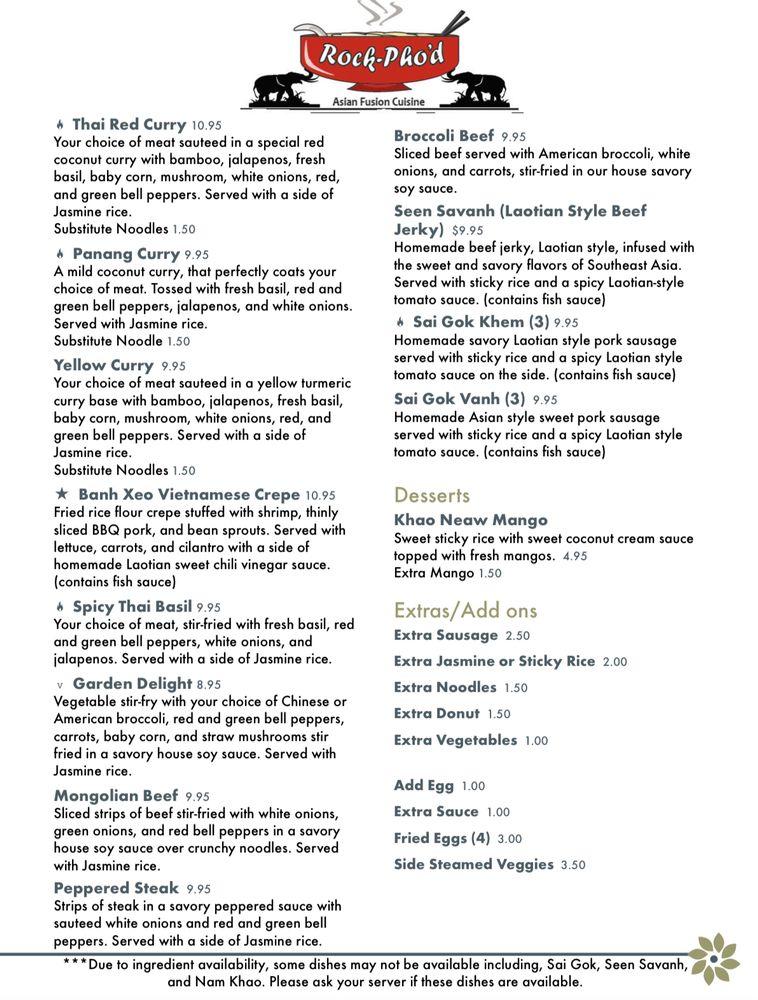 Menu at Rock-Pho'd Asian Fusion Cuisine restaurant, Rockford
