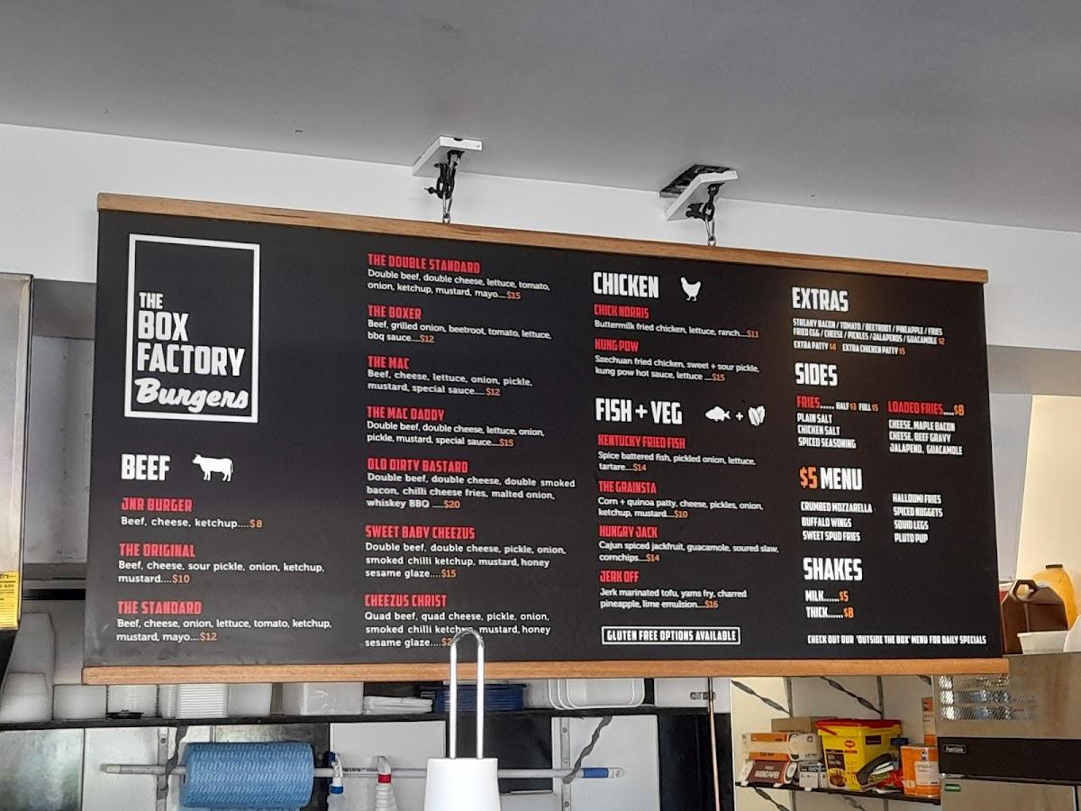 Menu at The Box Factory Burgers restaurant, Woolgoolga