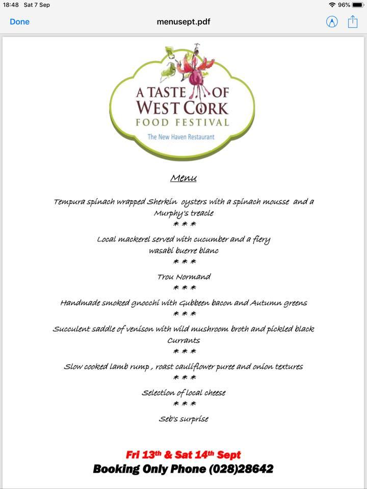Menu at The New Haven restaurant, Schull