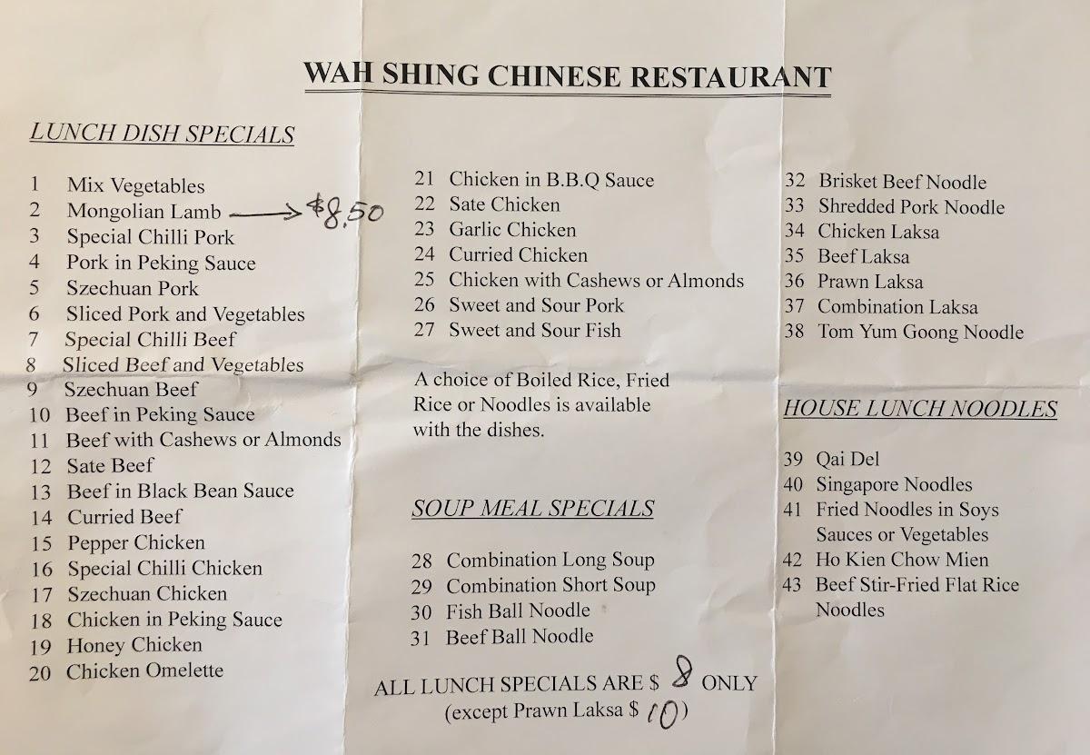 Menu at Wah Shing Chinese Restaurant, Saint Marys