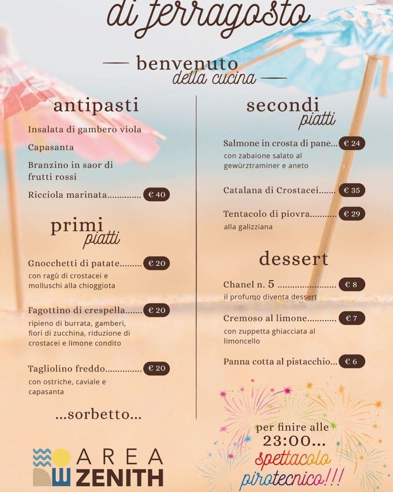 Menu at Area Zenith restaurant, Bibione
