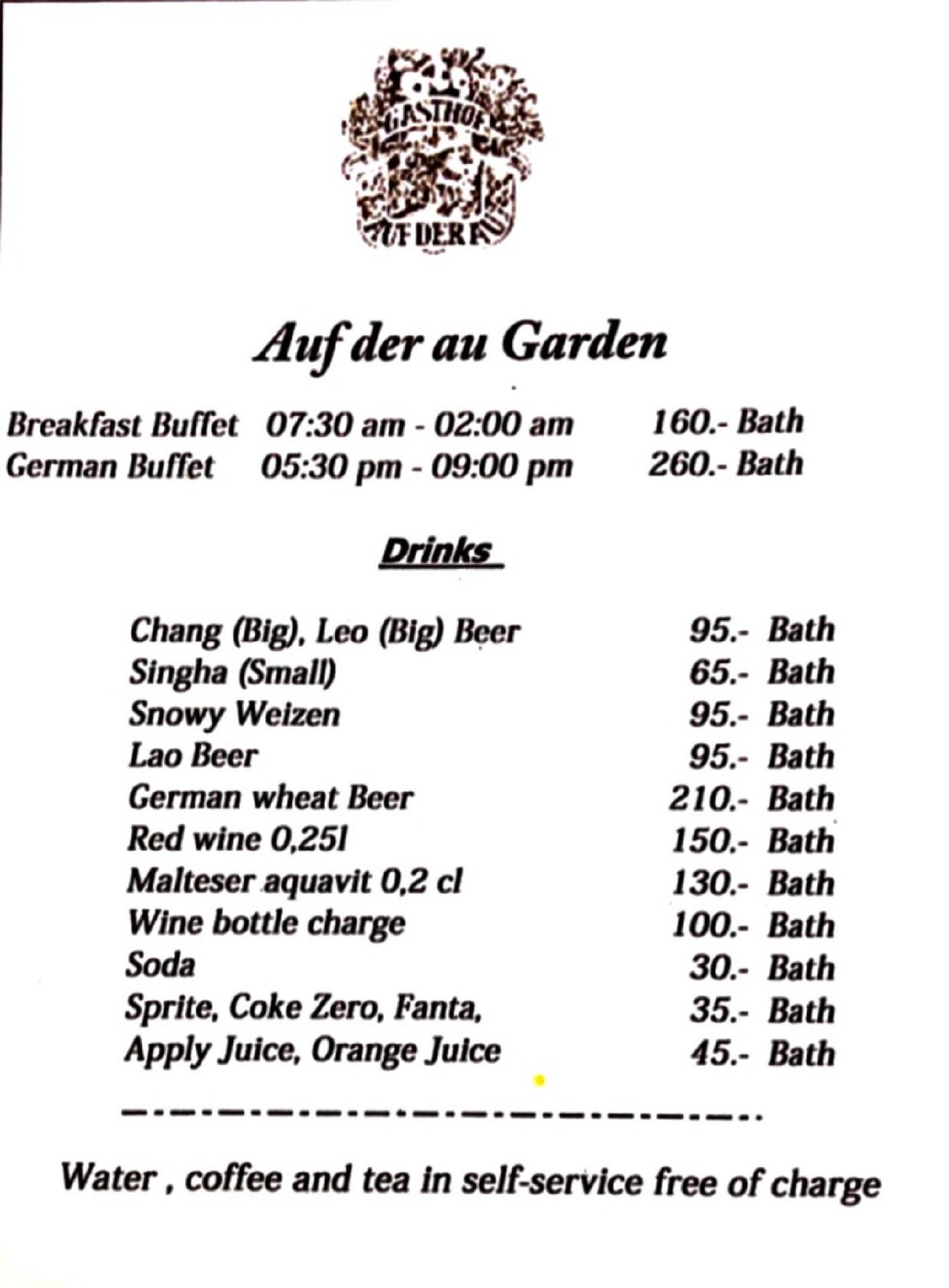Carta del restaurante Auf Der Au Garden, Chiang Mai, 20 Loi Kroh Soi 3