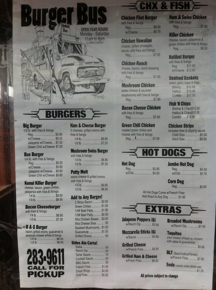 Menu at Burger Bus restaurant, Kenai